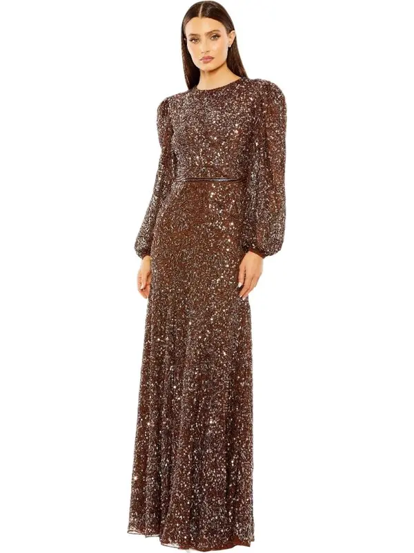 Mac Duggal Sheer Embellished Long Sleeve Gown - Brown