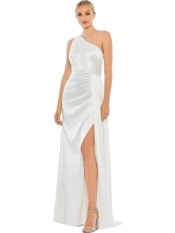 Mac Duggal Gathered One Shoulder Faux Wrap Gown - White