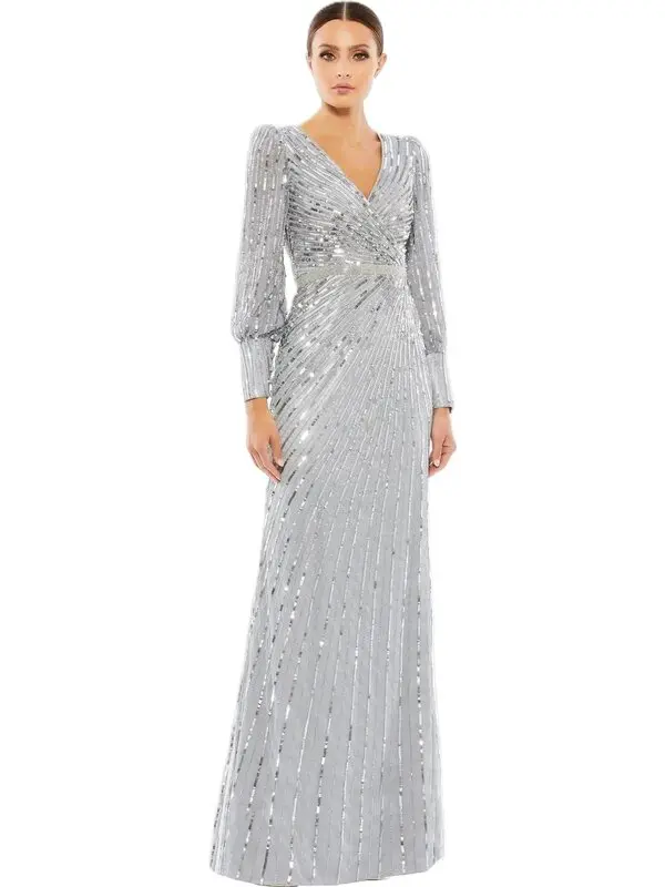 Mac Duggal Sequined Bishop Sleeve Trumpet Gown - Silver