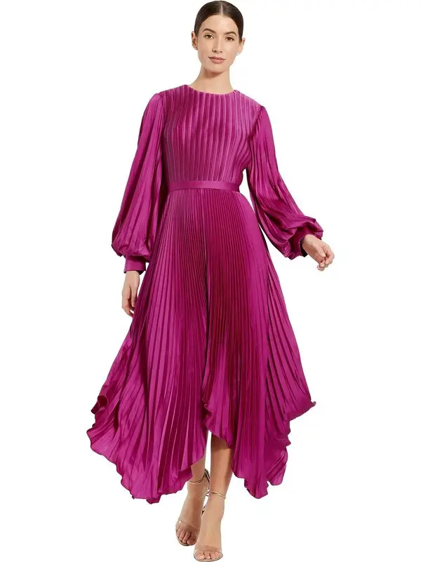 Mac Duggal Long Sleeve Pleated Charmeuse Handkerchief Dress - Purple