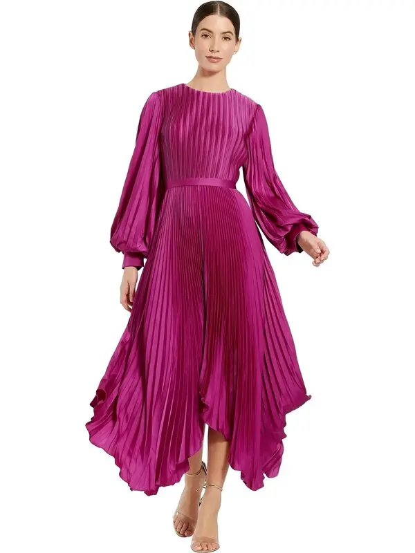 Mac Duggal Long Sleeve Pleated Charmeuse Handkerchief Dress - Purple