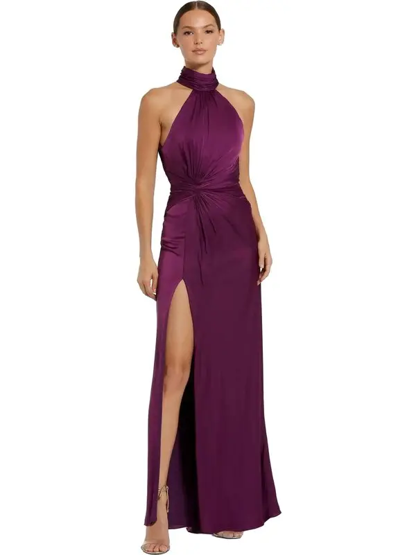 Mac Duggal Open Back High Neck Ruched Gown - Purple
