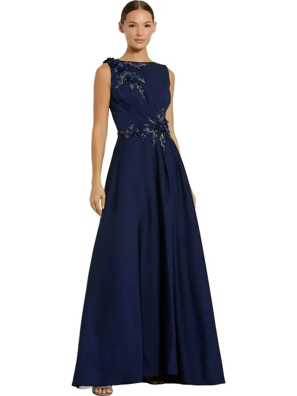 Mac Duggal Floral Applique A-line Gown - Navy