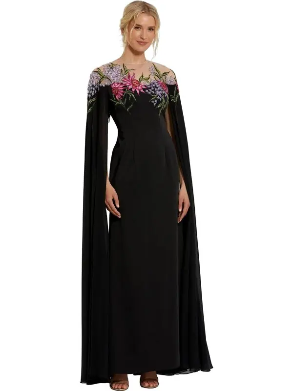 Mac Duggal Sheer Cape Gown With Floral Appliqu - Black