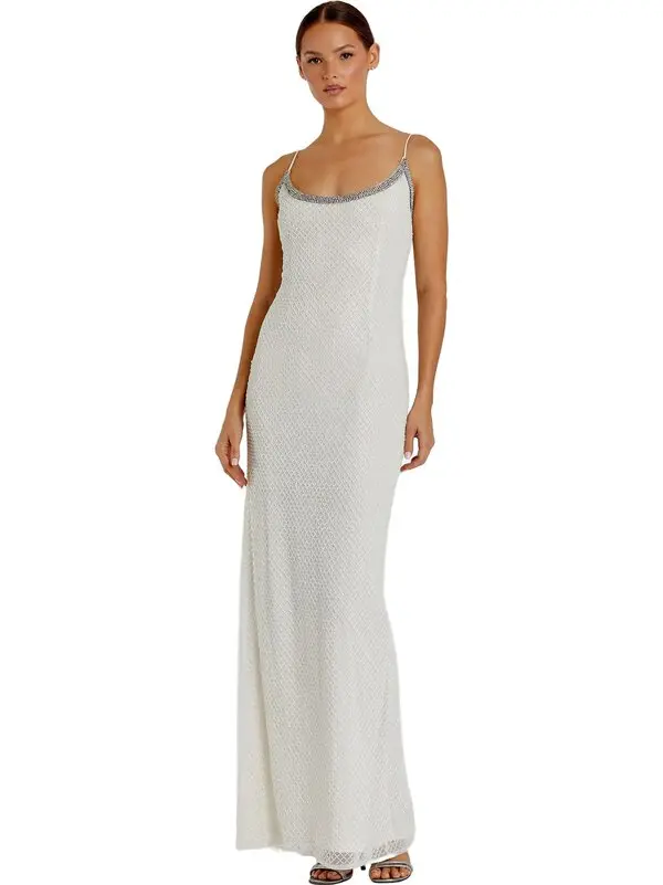 Mac Duggal Beaded Spaghetti Strap Column Gown - White
