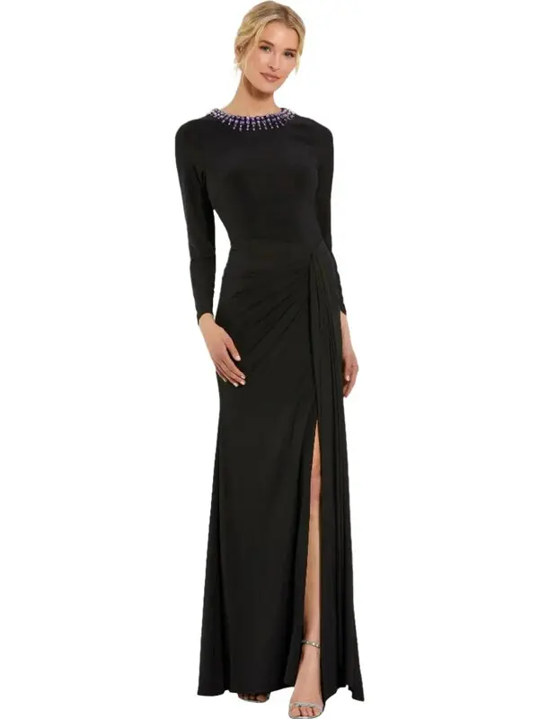 Mac Duggal Long Sleeve Jersey Gown With Beaded Neck - Black