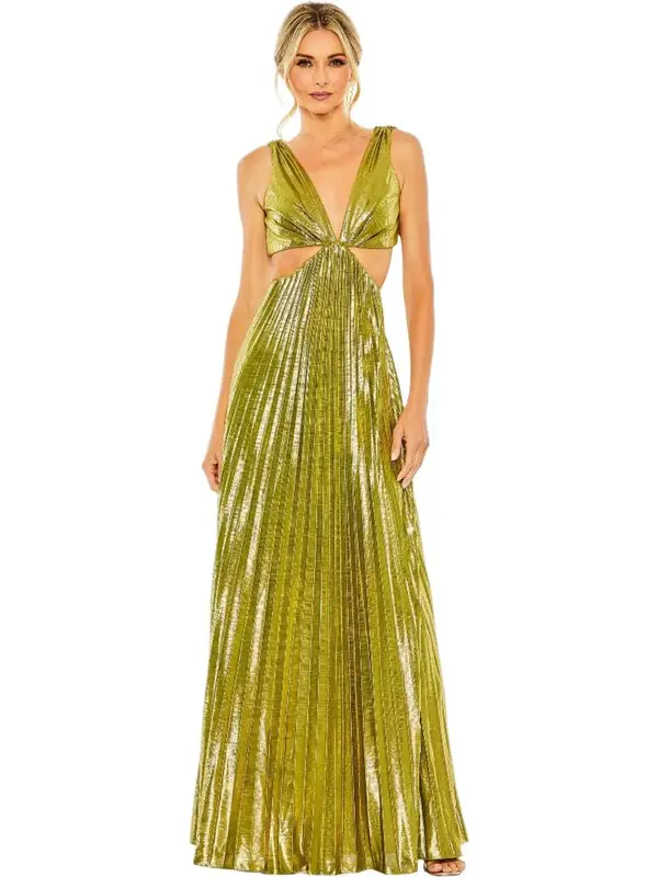 Mac Duggal Pleated Metallic Cutout Gown - Green