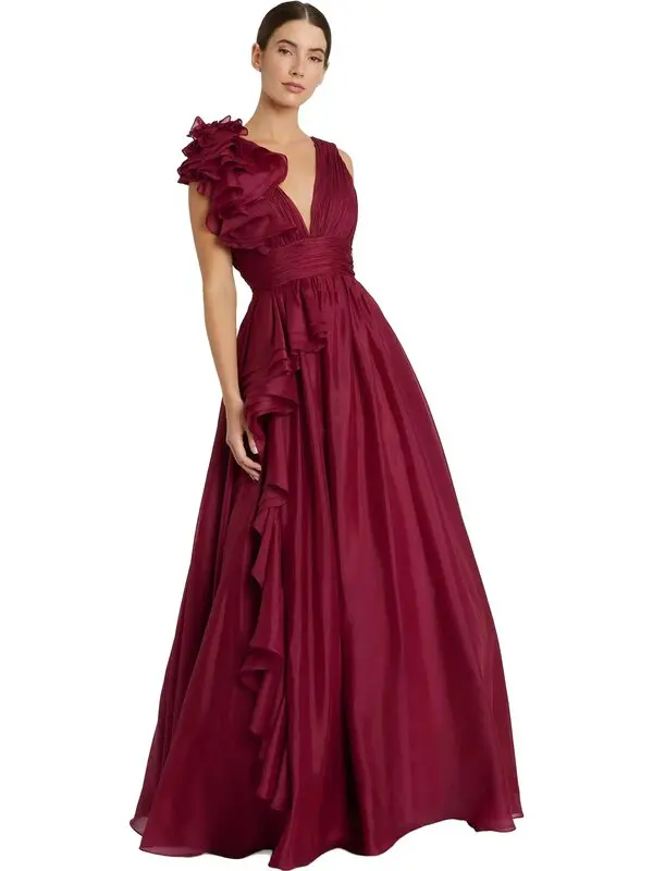 Mac Duggal Ruffle Shoulder V-neck Chiffon Gown - Red