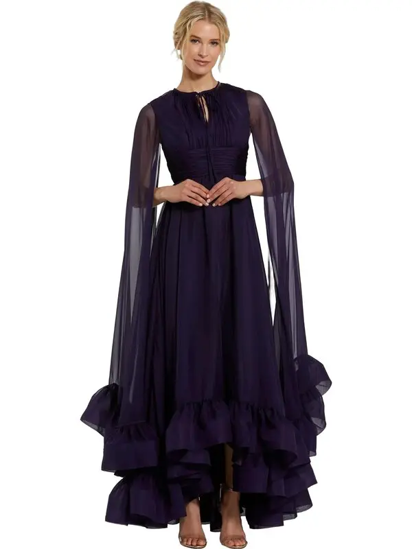Mac Duggal Chiffon Cape Sleeve Ankle-length Dress With Keyhole - Purple