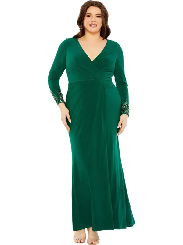 Mac Duggal Long Sleeve Crystal Embellished Gown - Green