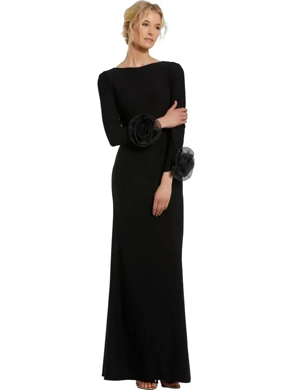 Mac Duggal Long Sleeve Fitted Jersey Gown With 3d Flowers - Black