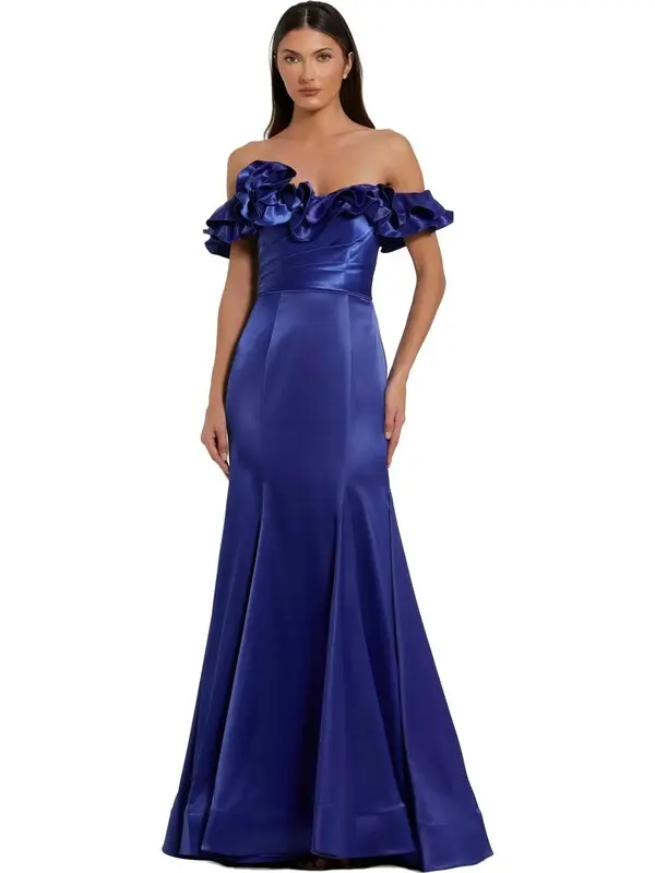 Mac Duggal Satin Ruffled Off-the-shoulder Mermaid Gown - Blue