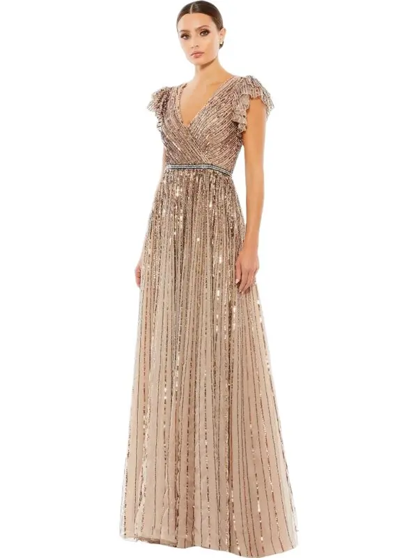 Mac Duggal Sequined Wrap-over Gown With Ruffled Cap Sleeves - Neutral