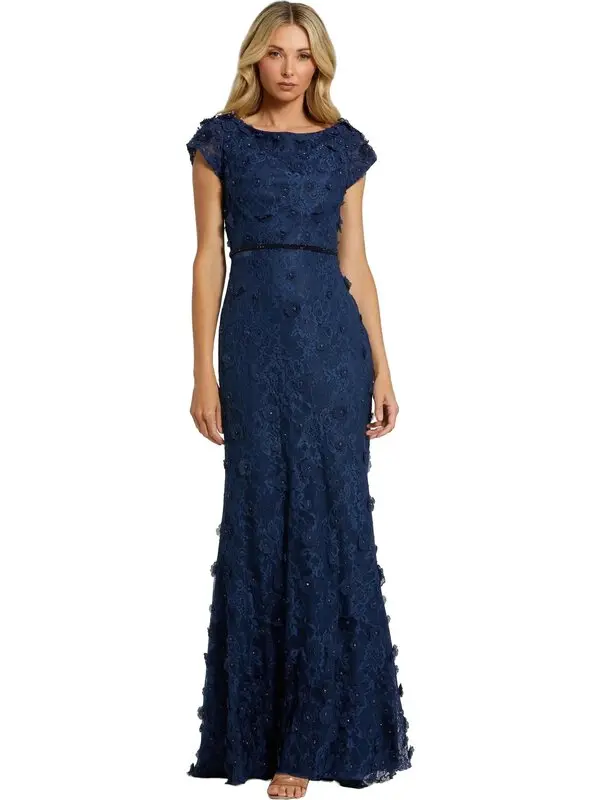 Mac Duggal Floral Applique Boat Neck Cap Sleeve Gown - Navy