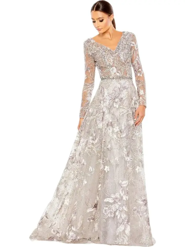 Mac Duggal Long Sleeve Beaded Applique Gown - White