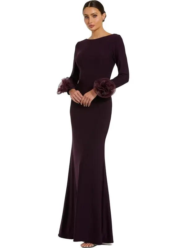 Mac Duggal Long Sleeve Fitted Jersey Gown With 3d Flowers - Purple