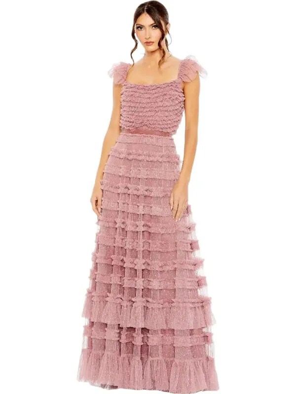 Mac Duggal Ruffle Cap Sleeve Tiered Gown - Pink