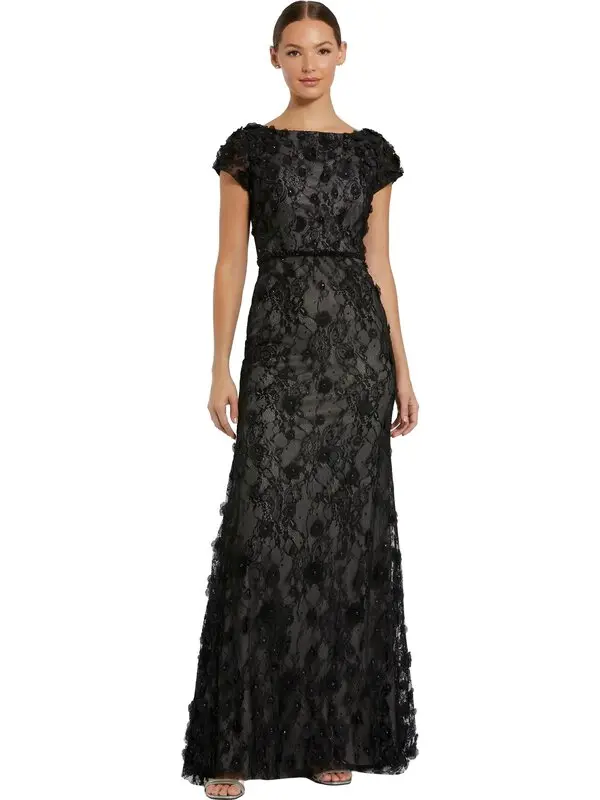 Mac Duggal Floral Appliqué Boat Neck Gown - Black