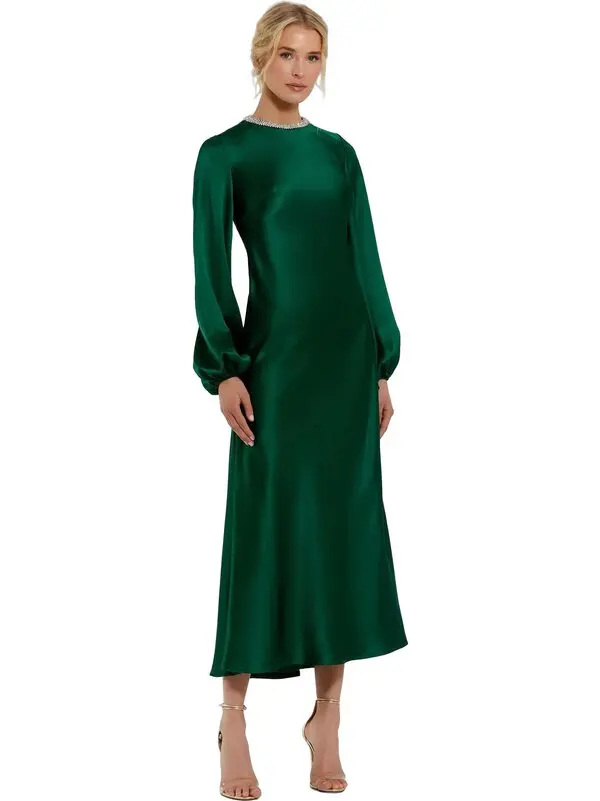 Mac Duggal High Neck Long Sleeve Crystal Detail Dress - Green