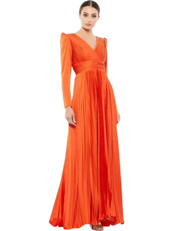 Mac Duggal Pleated Long Sleeve V-neck Gown - Orange