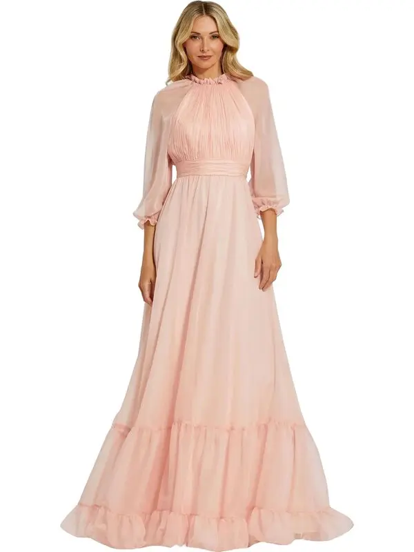 Mac Duggal Chiffon Ruched Illusion Raglan Sleeve Ruffled Gown - Pink