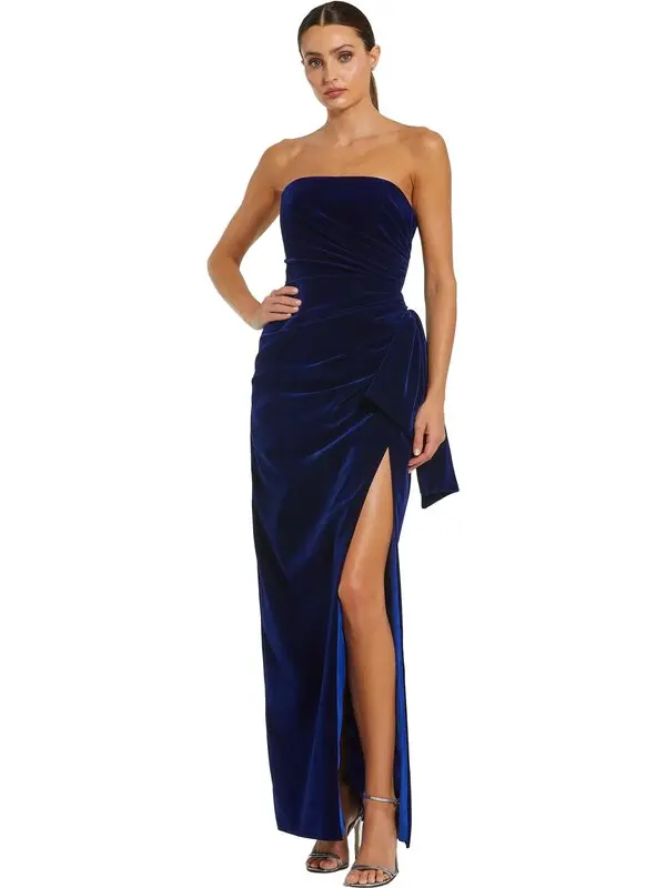 Mac Duggal Strapless High Slit Draped Velvet Gown - Blue