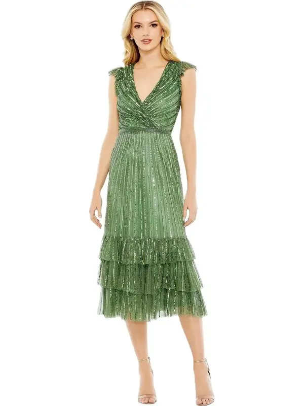 Mac Duggal Sequined Wrap Over Dress With Ruffle Hem - Green