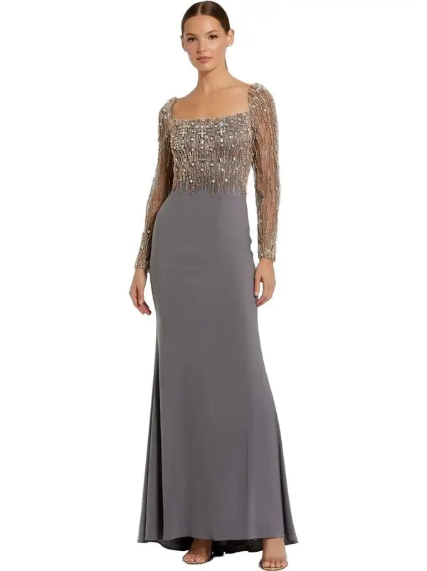 Mac Duggal Beaded Square Neck Long Sleeve Gown - Gray