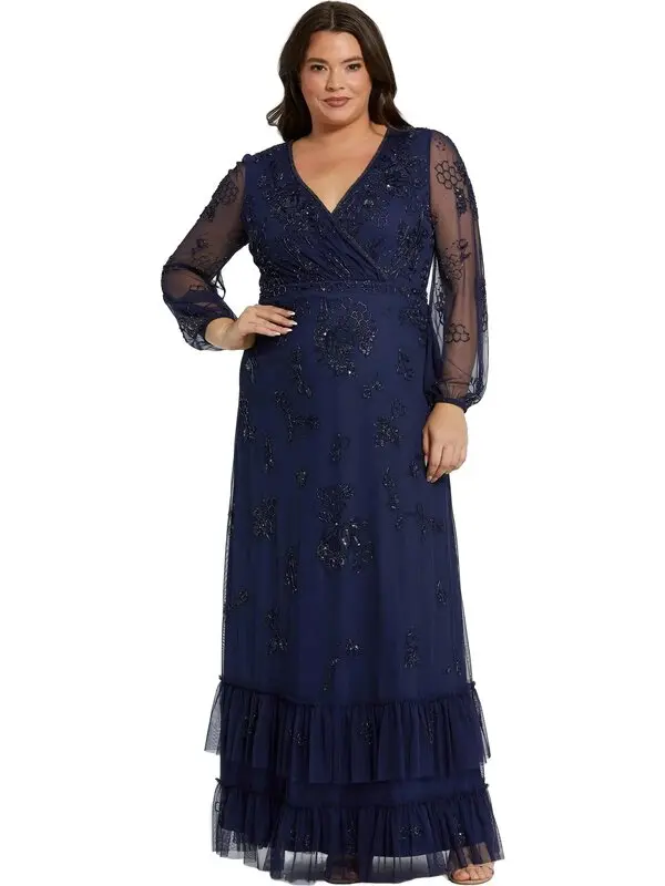 Mac Duggal Puff Sleeve V-neck Tiered Embellished Gown - Navy