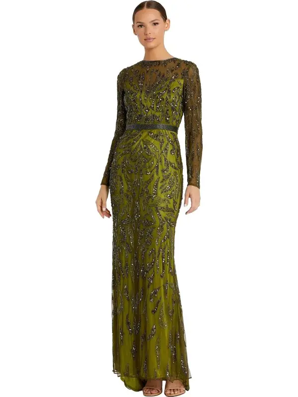 Mac Duggal Beaded Long Sleeve Evening Gown - Green