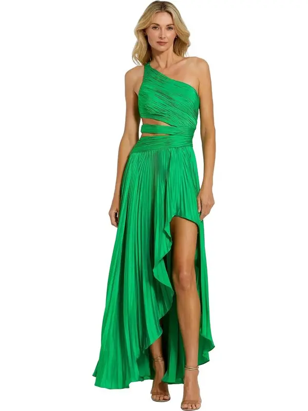 Mac Duggal One-shoulder Pleated Charmeuse Gown With Slit - Green