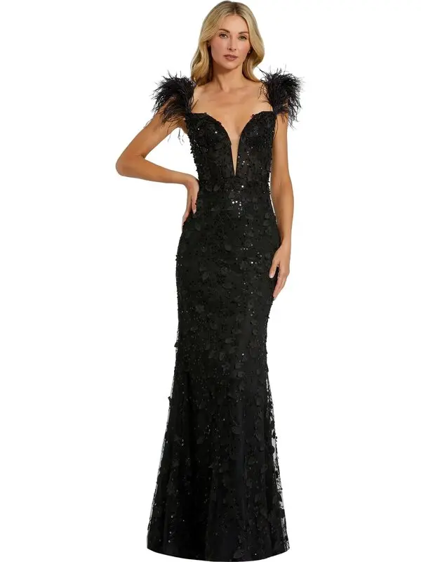 Mac Duggal Sheer Applique Bustier Gown With Feather Straps - Black
