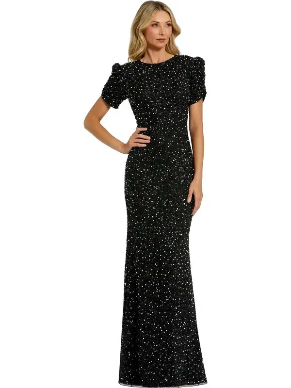 Mac Duggal Gathered Short Sleeve Embellished Gown - Black