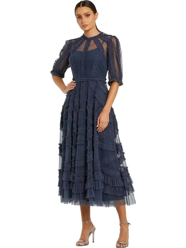 Mac Duggal High Neck Ruffle Tiered A-line Midi Dress - Navy