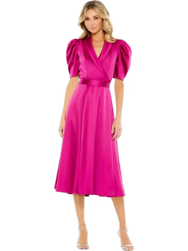 Mac Duggal Satin Lapel Puff Sleeve Tea Length Dress - Pink