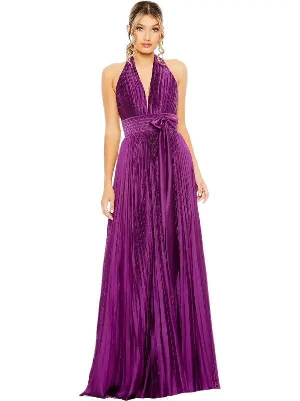 Mac Duggal Pleated Halter Neck Gown With Bow - Purple