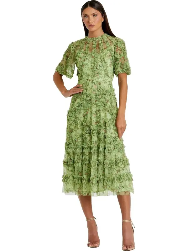 Mac Duggal Floral Midi Dress With Ruffle Detailing - Green