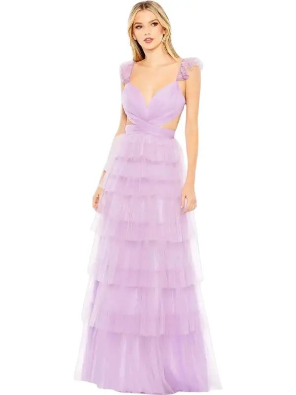 Mac Duggal Tulle Tiered Gown With Cut Out - Purple