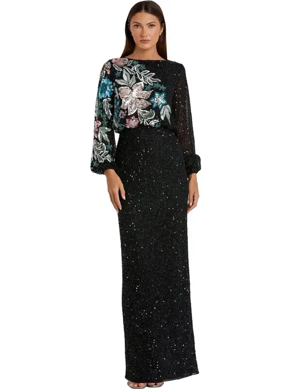 Mac Duggal High Neck Long Sleeve Sequin Gown - Black