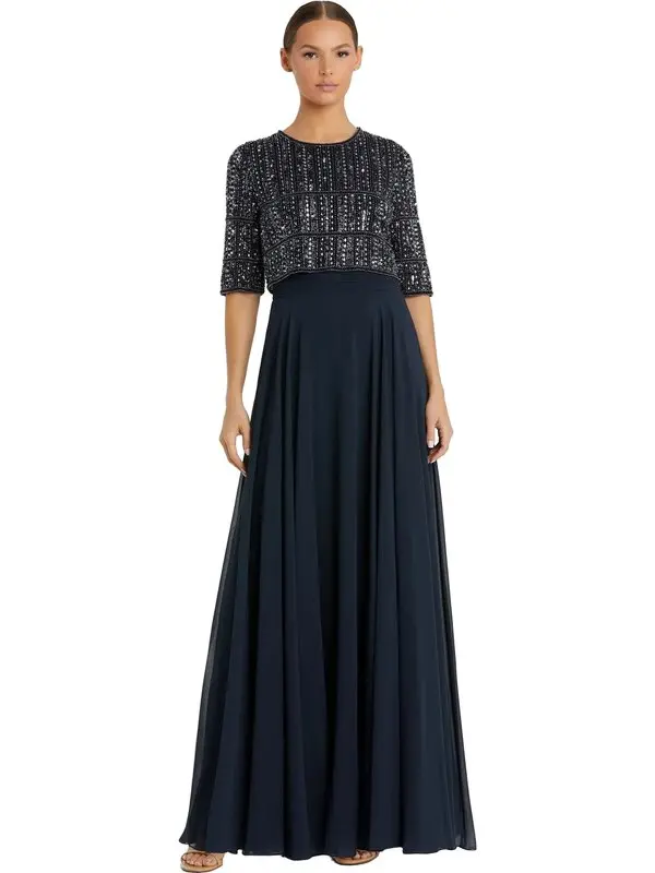 Mac Duggal Chiffon Gown With Beaded 3/4 Sleeve Top - Navy