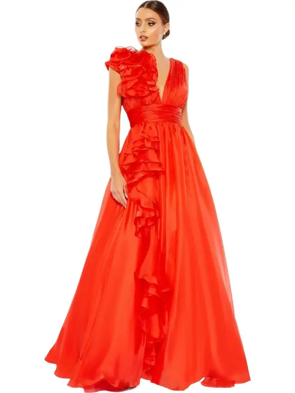 Mac Duggal Ruffle Shoulder V-neck Chiffon Gown - Red