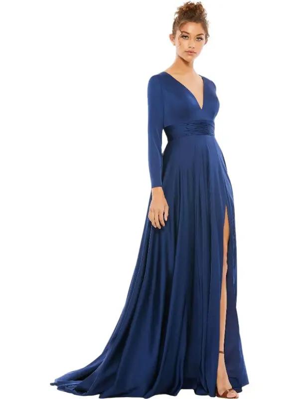 Mac Duggal Long Sleeve A-line Gown With Thigh Slit - Navy