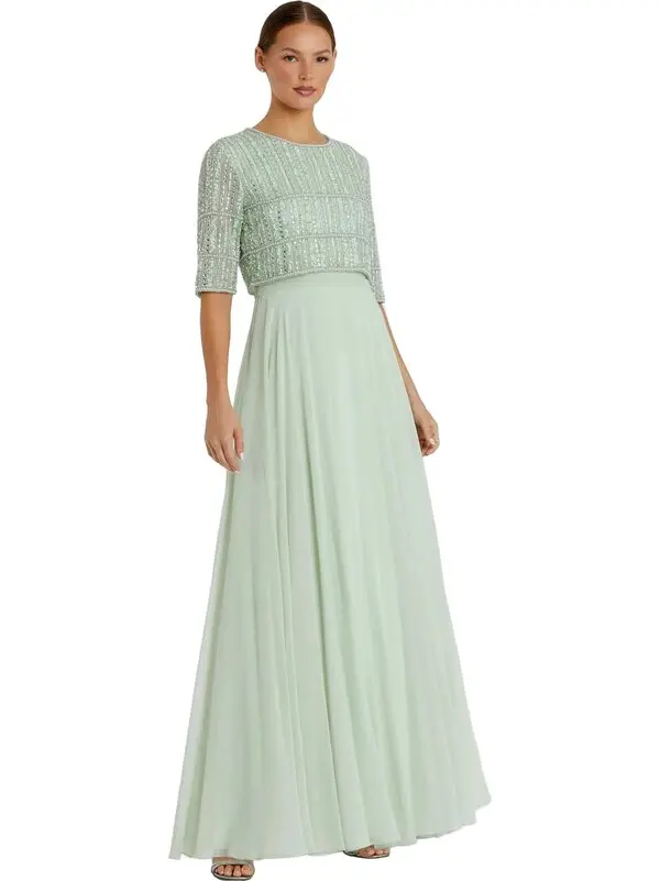 Mac Duggal Chiffon Gown With Beaded Sleeve Top - Green