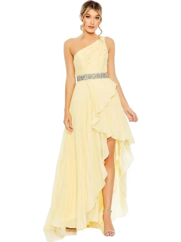 Mac Duggal Pleated One-shoulder Ruffle-hem Gown - Yellow