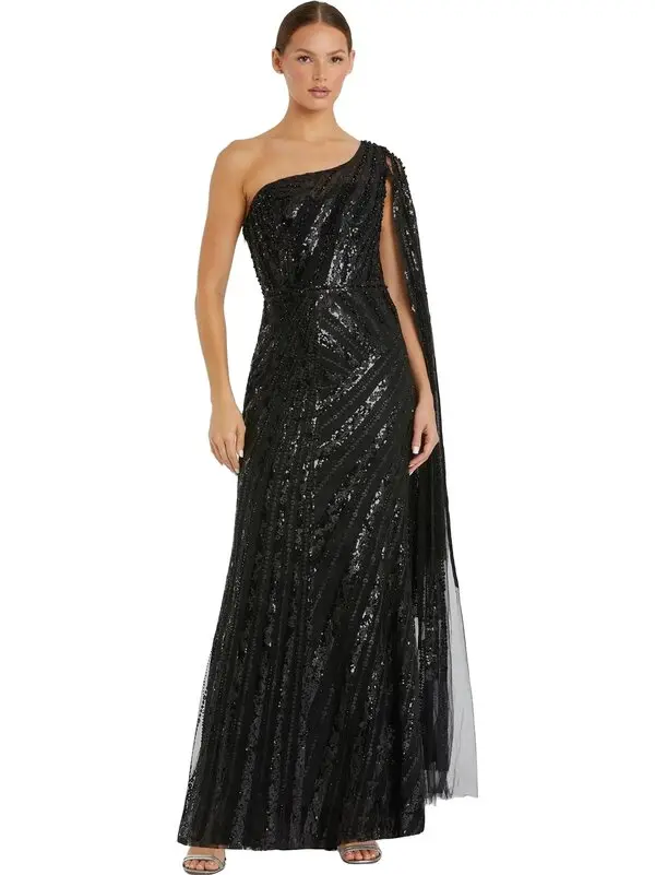 Mac Duggal One Shoulder Embellished Gown With Cape Sleeve - Black