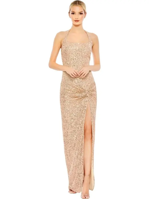 Mac Duggal Sequin Embellished Halter Gown With Knot Detail - Neutral