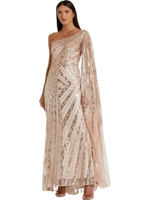Mac Duggal One-shoulder Cape Sleeve Embellished Gown - Pink