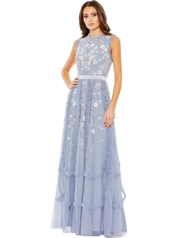 Mac Duggal Embroidered High Neck Ruffled Gown - Blue