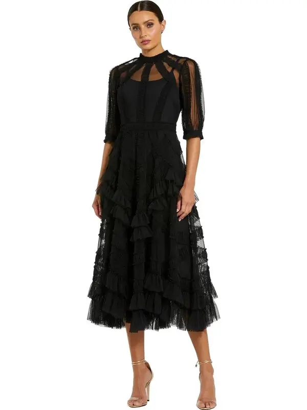 Mac Duggal High Neck Ruffle Tiered A-line Midi Dress - Black