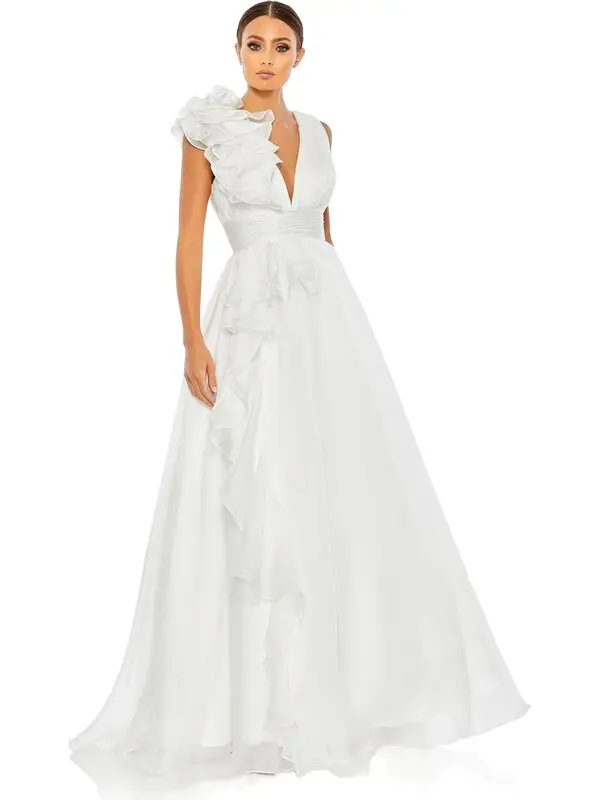 Mac Duggal Ruffle Shoulder V-neck Chiffon Gown - White